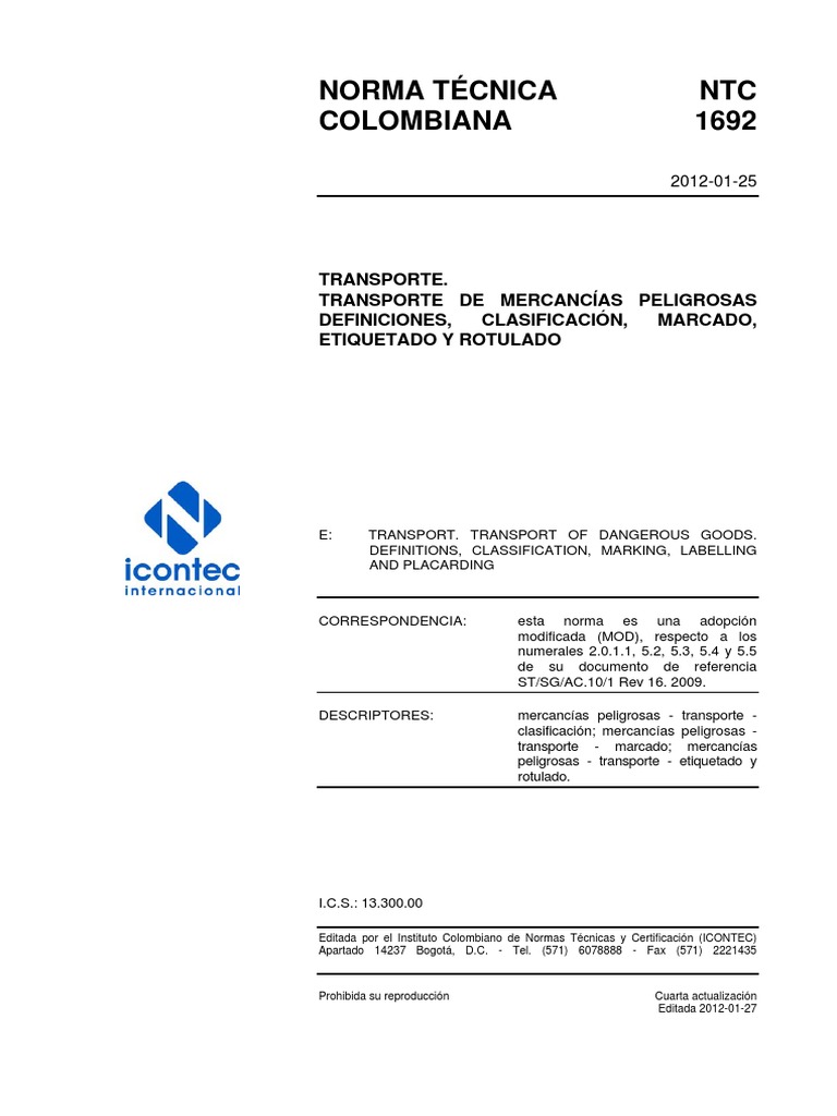 NTC 1692: Transporte de Mercancías Peligrosas | PDF | Oxígeno ...