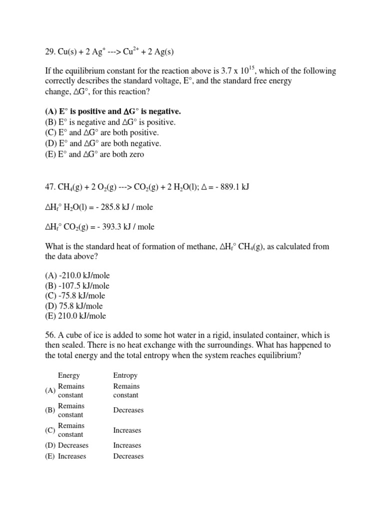 AP Chemistry Thermodynamics Multiple Choice Questions | PDF | Chemical ...