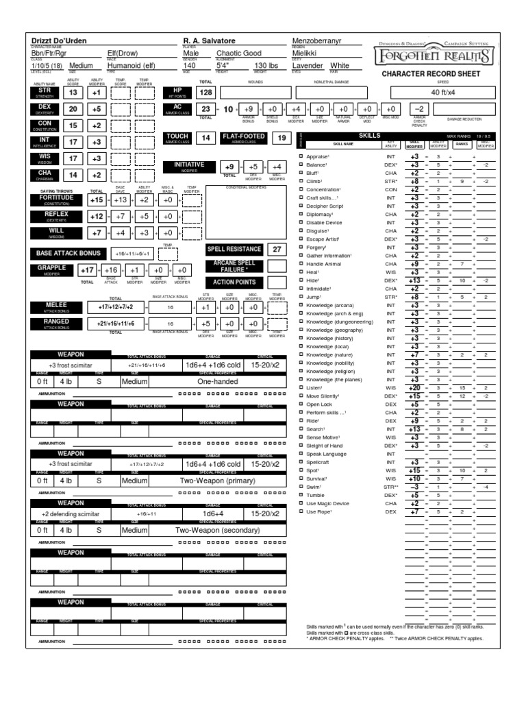 Drizzt Do'Urden D&D 5E Character Sheet | PDF | Fantasy | Dungeons & Dragons
