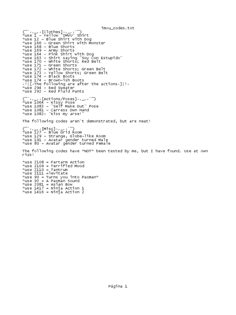 IMVU Codes for Clothes and Actions | PDF | Cooking, Food & Wine ...