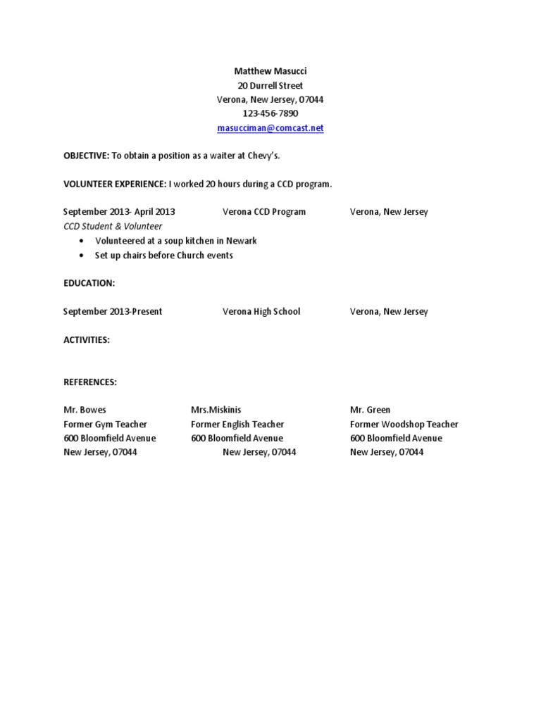 Matthew Masucci's Waiter Resume | PDF