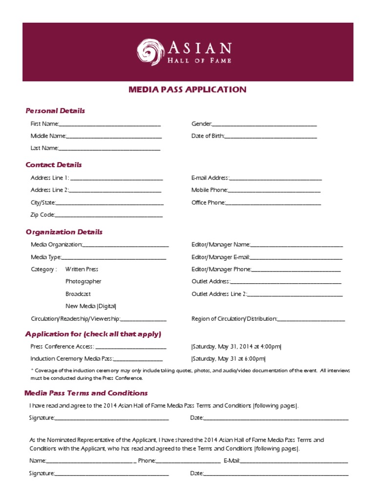 Media Pass Application: Personal Details | PDF | Indemnity | Common Law