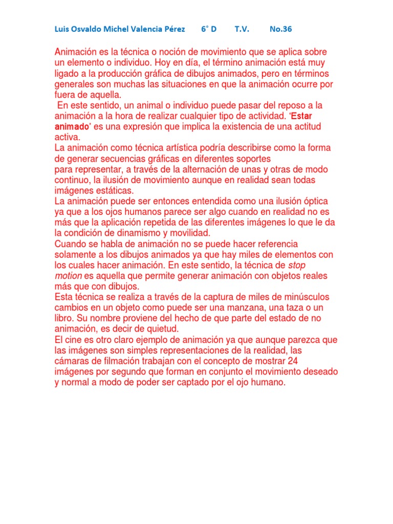 Animación Es La Técnica o Noción de Movimiento Que Se Aplica Sobre Un ...