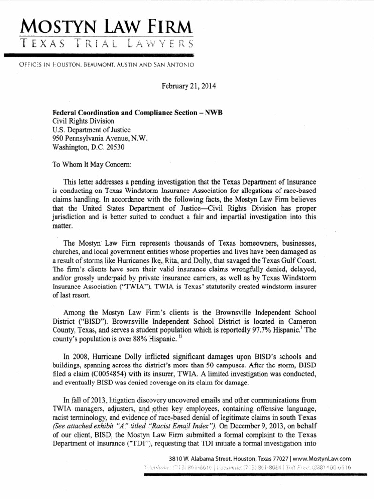 Steve Mostyn TWIA Complaint Letter To U.S. Department of Justice ...
