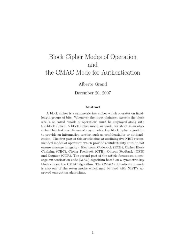 Block Cipher Modes Of Operation And Cmac For Authentication Pdf Cryptography Security