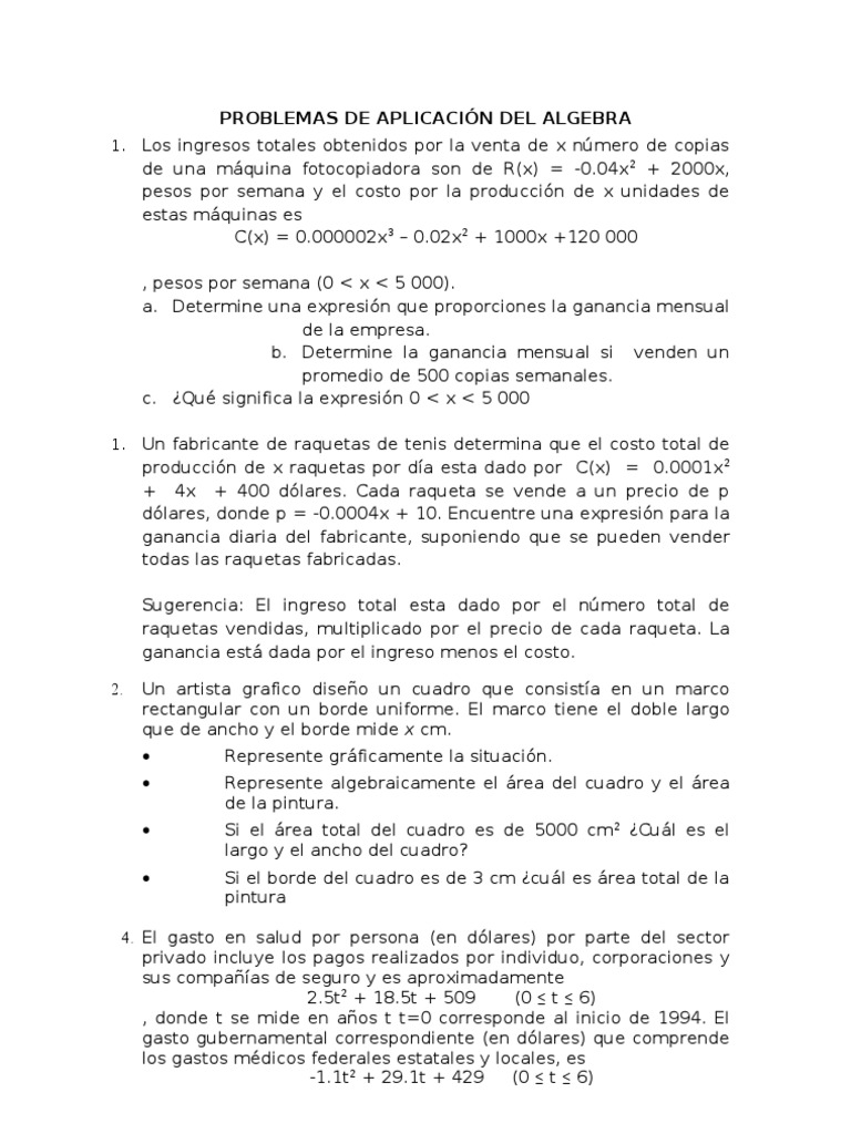 Problemas de Aplicación Del Algebra | PDF | Beneficio (economía ...
