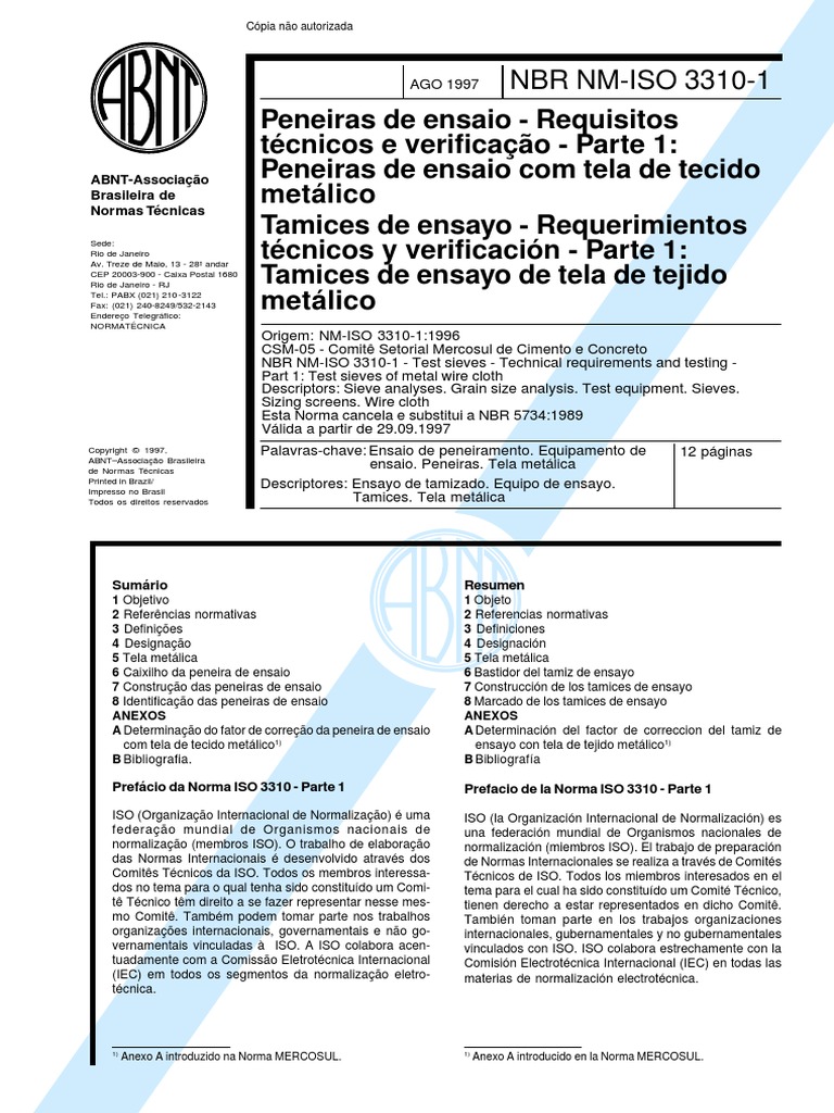 NBR NM-ISO 3310-1 - Peneiras de Ensaio Û Requisitos Túcnicos e ...
