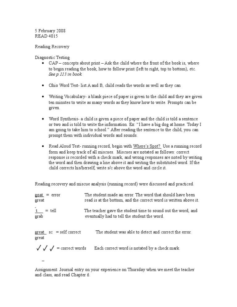 Reading Recovery Diagnostic Tests Guide | PDF