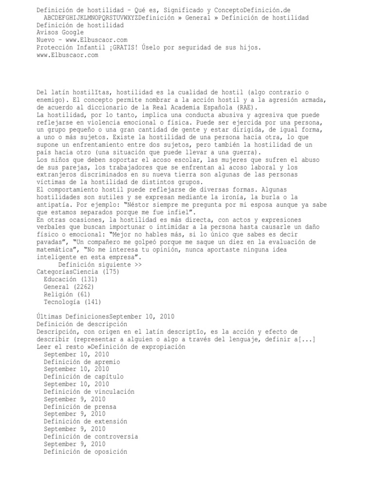 Definición de Hostilidad - Qué Es, Significado y Concepto | PDF ...