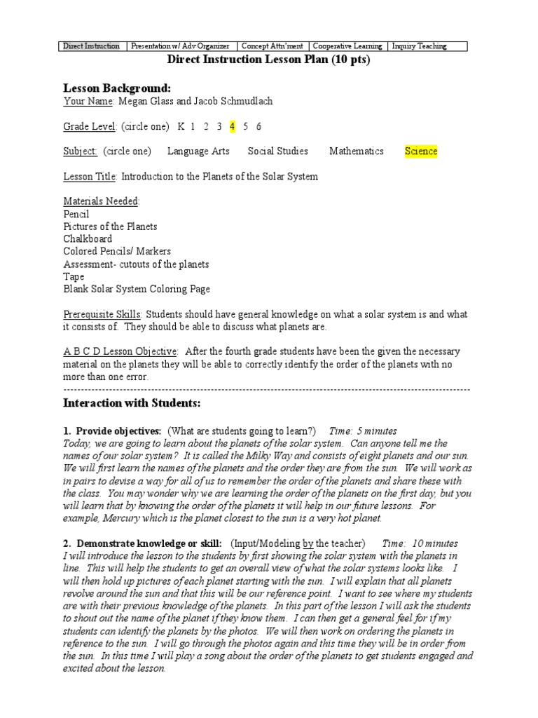 Direct Instruction Lesson Plan | PDF | The Planets | Planets