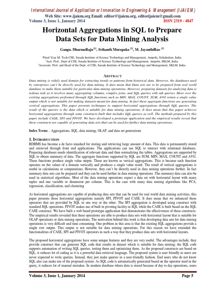 Horizontal Aggregations in SQL To Prepare Data Sets For Data Mining Analysis | PDF | Sql | Web ...