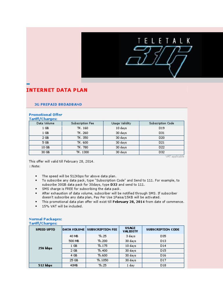 Internet Data Plan: 3G Prepaid Broadband Promotional Offer Tariff ...