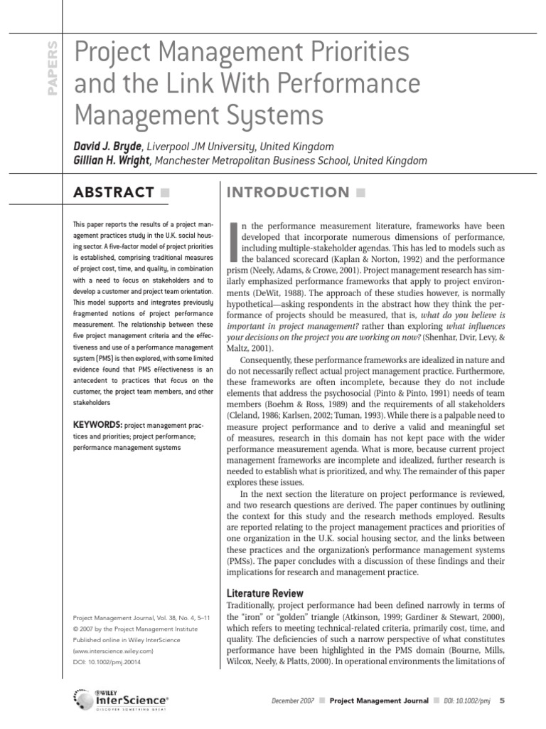 Project Management Priorities and The Link With Performance Management ...