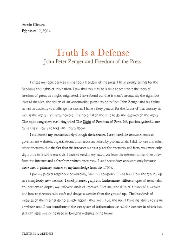 Truth Is A Defense: John Peter Zenger and Freedom of The Press | PDF ...