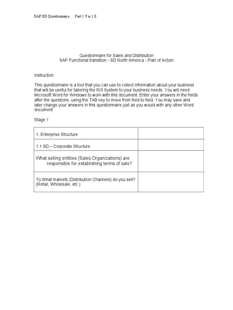 Questionnaire For Sales and Distribution Part 1 | PDF | Business ...