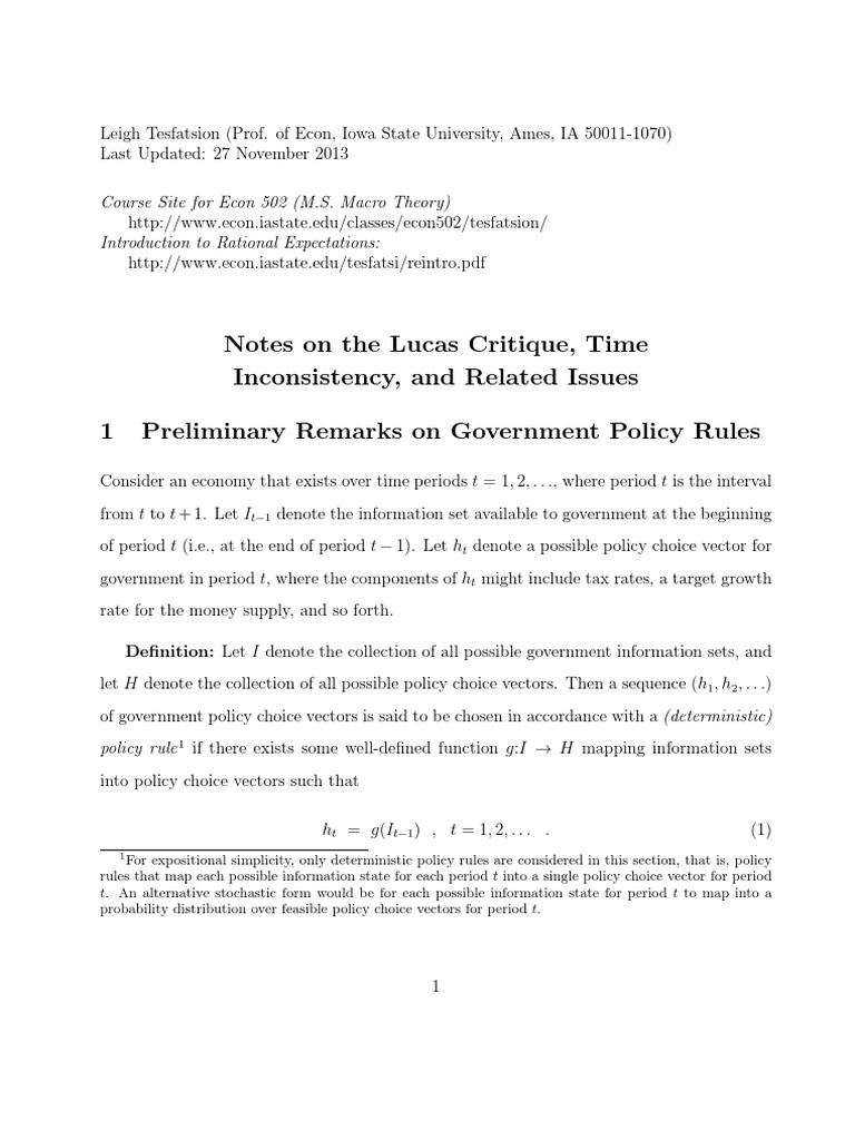 Notes On The Lucas Critique | PDF | Economic Model | Econometrics
