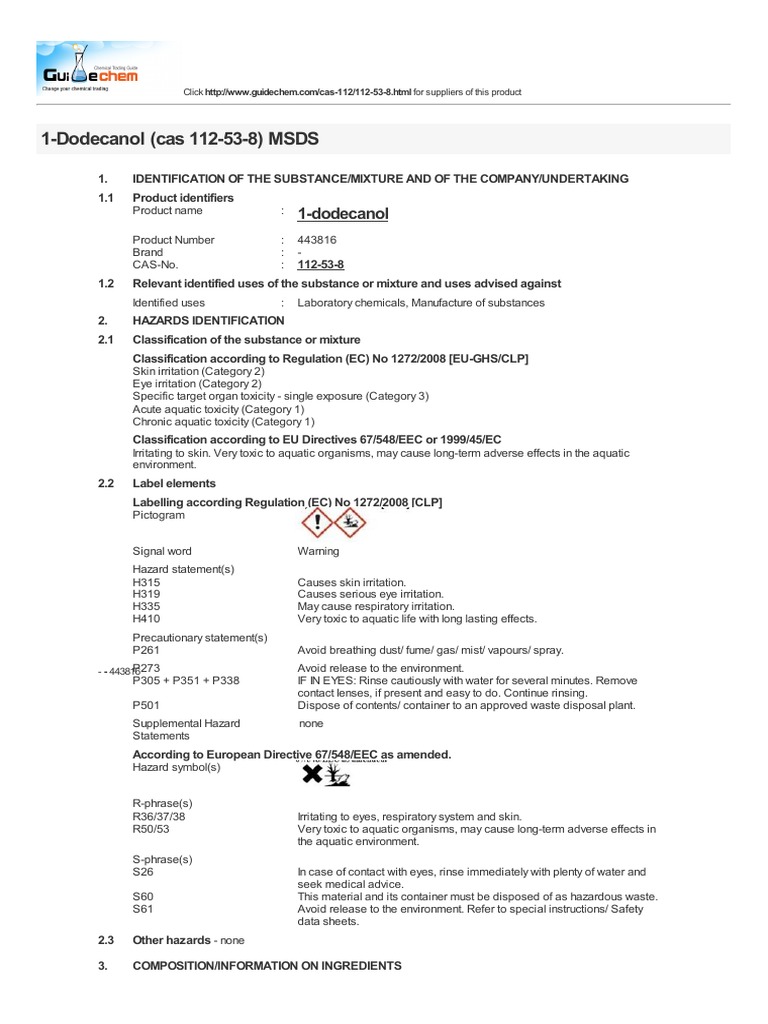 1-Dodecanol (Cas 112-53-8) MSDS | PDF | Toxicity | Personal Protective ...