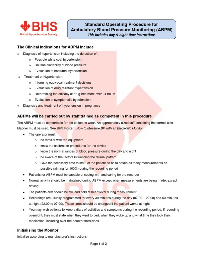 BHS Standard Operating Procedure for ABPM | Hypertension | Blood Pressure
