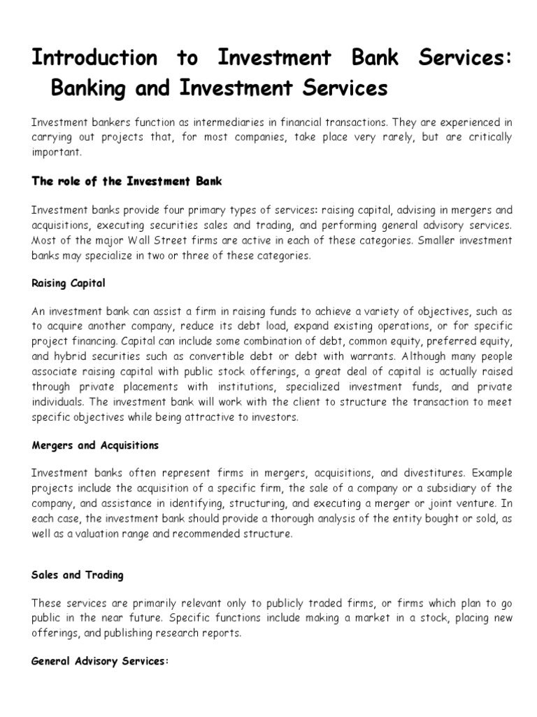 Introduction To Investment Bank Services | PDF | Investment Banking ...