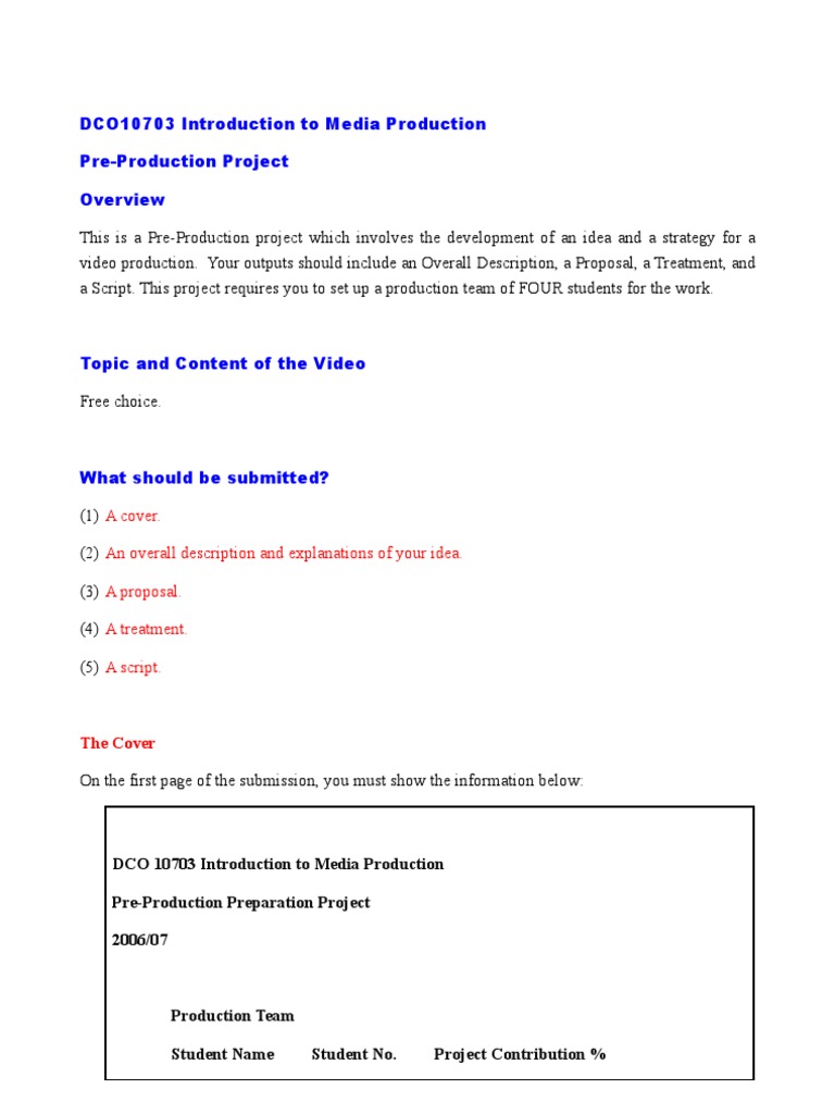 DCO10703 Introduction To Media Production Pre-Production Project | PDF ...