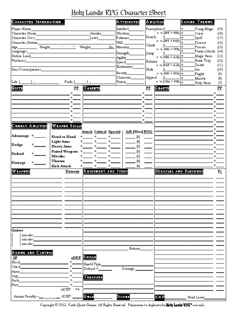 HLRPG - Trinity Character Sheet | PDF