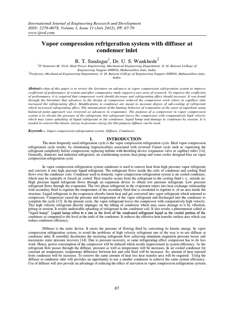 Vapor Compression Refrigeration System With Diffuser at Condenser Inlet ...