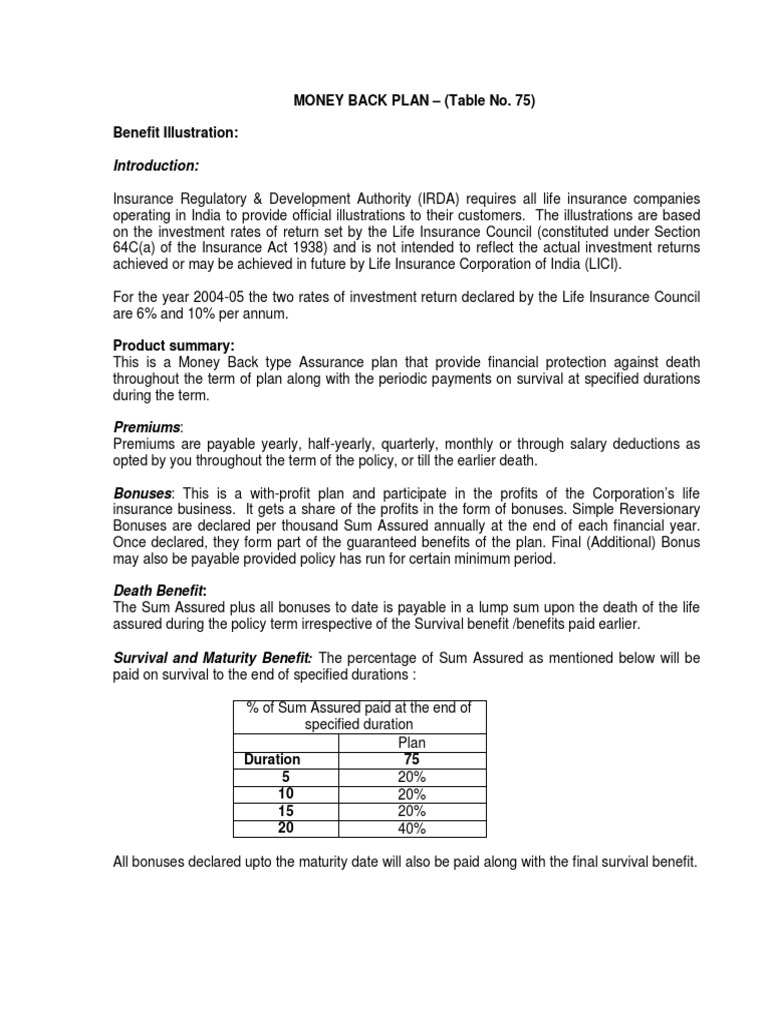 MONEY BACK PLAN - (Table No. 75) Benefit Illustration | PDF | Life ...