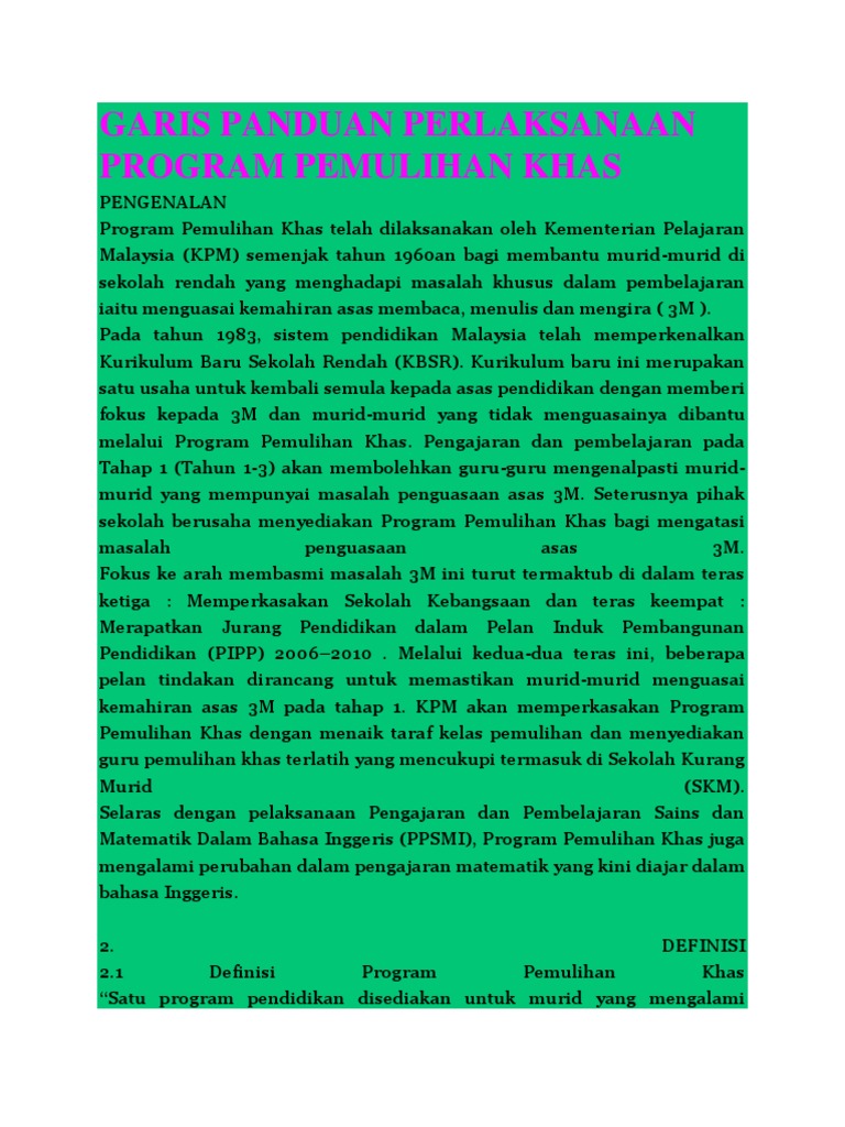 Garis Panduan Perlaksanaan Program Pemulihan Khas | PDF Garis Panduan Perlaksanaan Program Pemulihan Khas | PDF