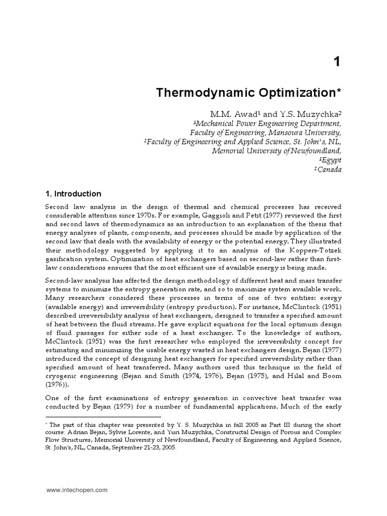 Thermodynamic Optimization | PDF | Entropy | Second Law Of Thermodynamics