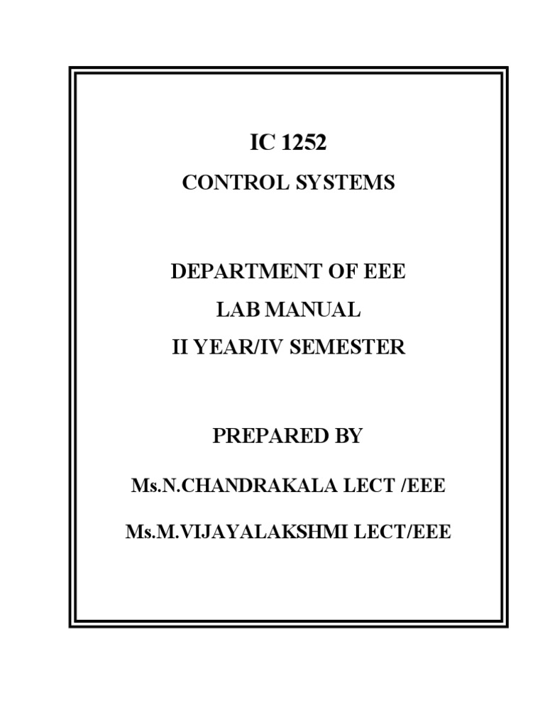 Lab Manual for Control Systems Experiments Focuses on Deriving Transfer ...