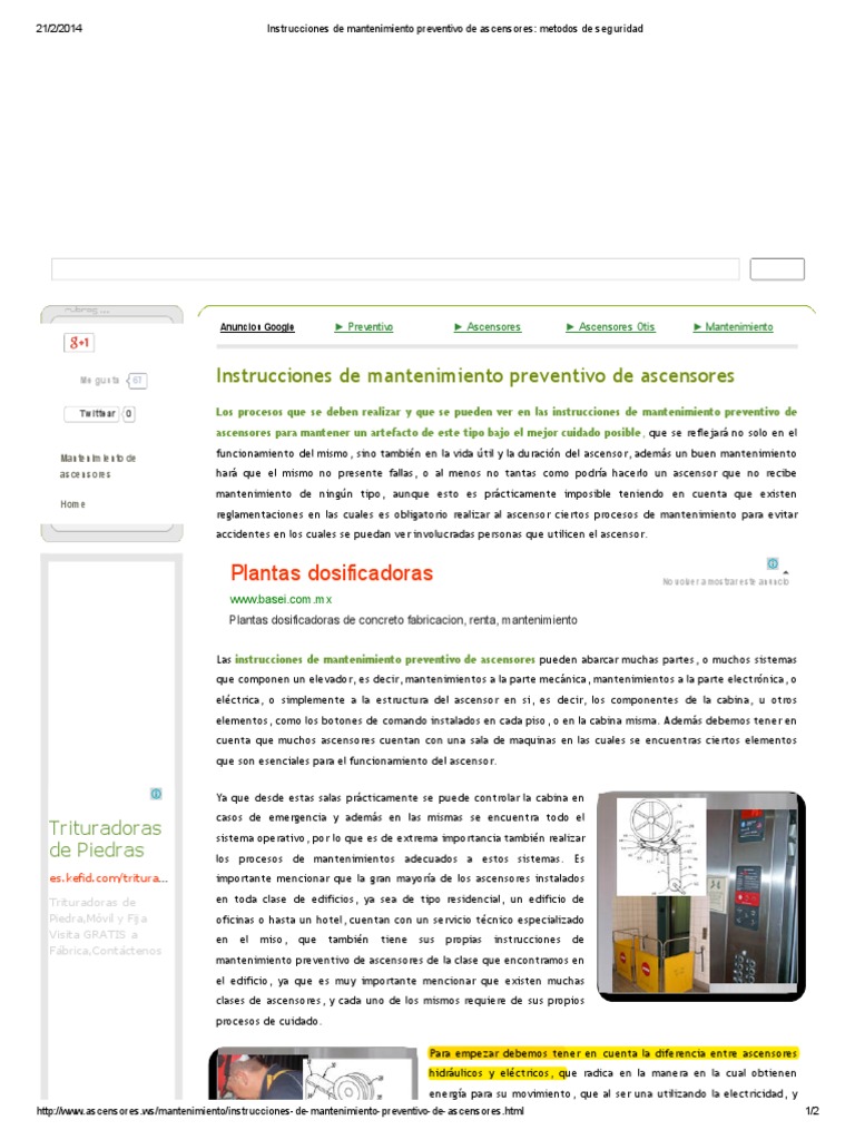 Instrucciones de Mantenimiento Preventivo de Ascensores - Metodos de Seguridad PDF | PDF ...