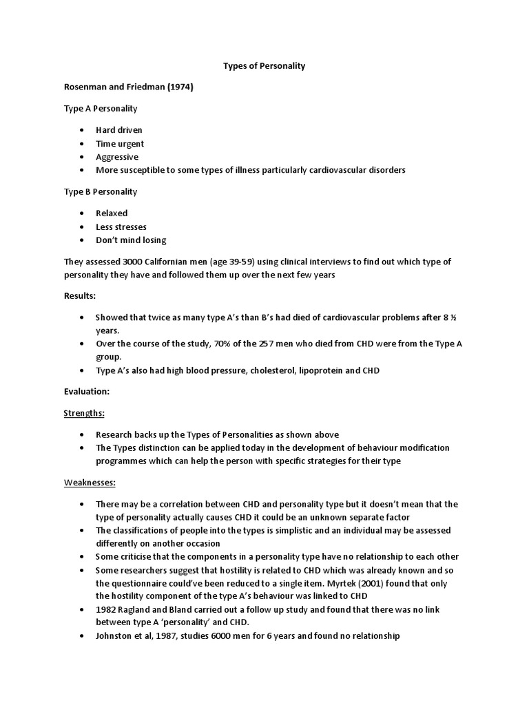 Types of Personality Rosenman and Friedman (1974) | PDF | Coronary ...