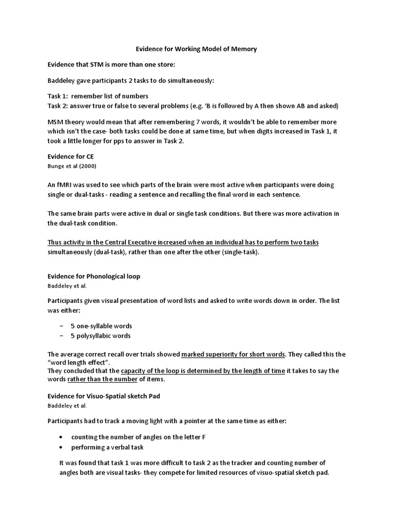 Evidence Supporting Working Memory Model | PDF