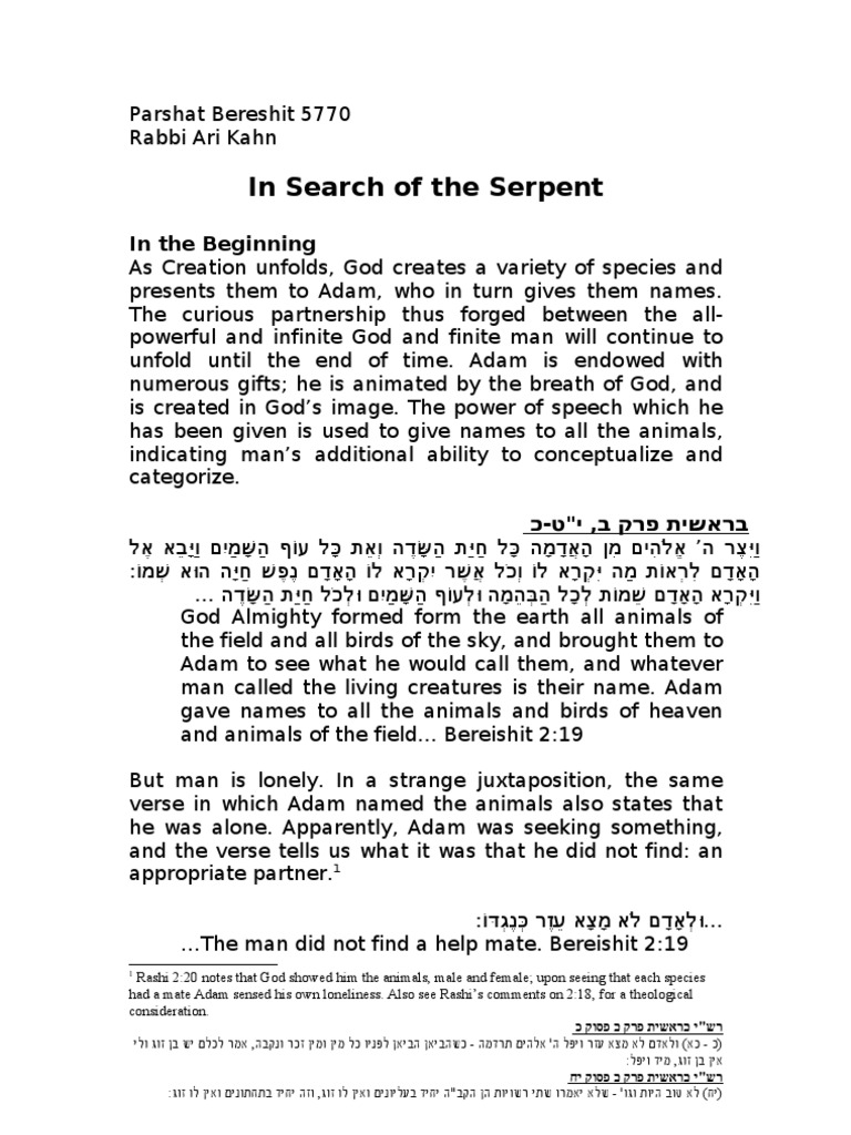 Parshat Bereshit 5770edited | PDF | Eve | Bereshit (Parsha)
