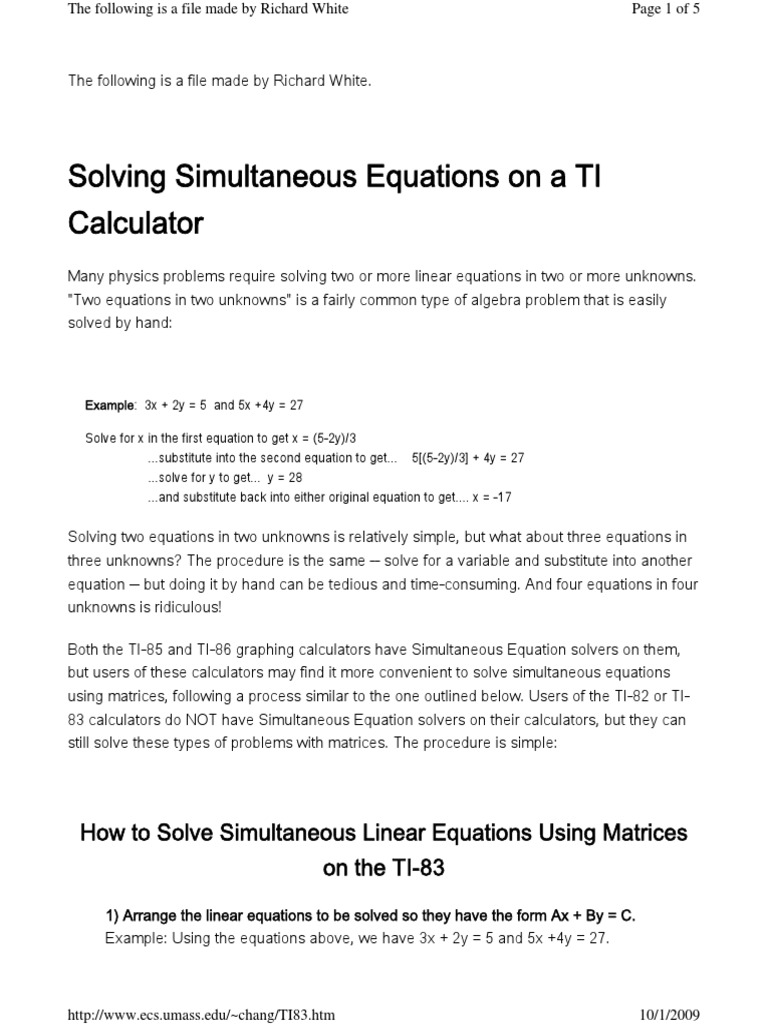 Solving Simultaneous Equations On A TI Calculator | PDF | System Of ...