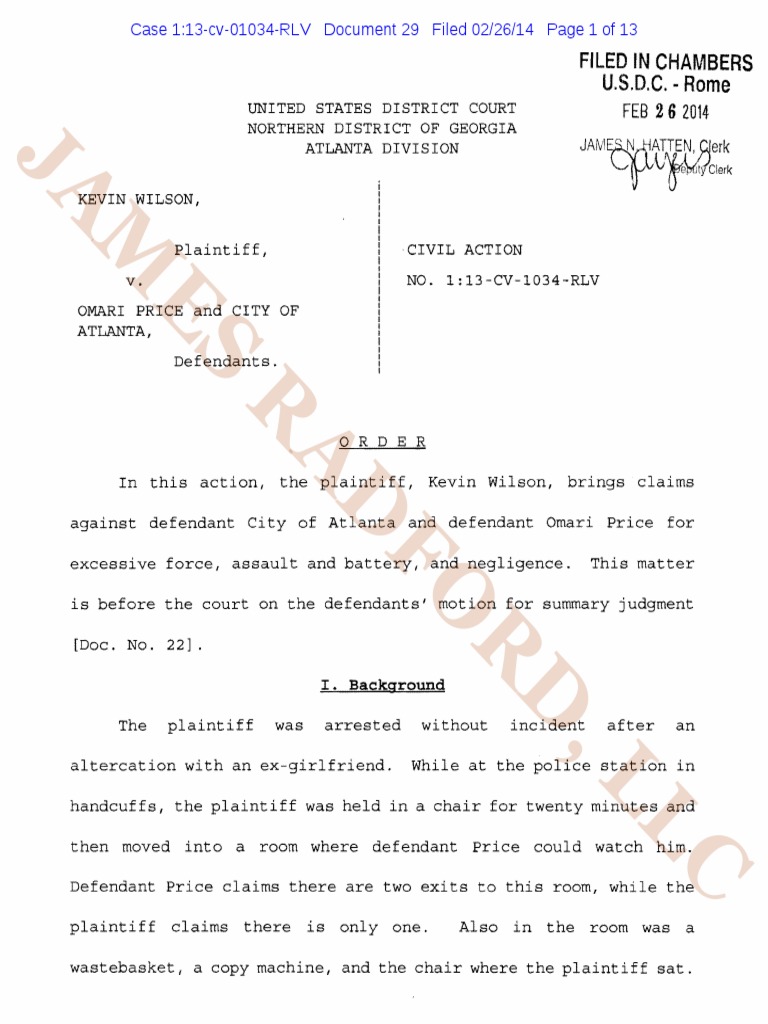 Wilson v. City of Atlanta - Order Denying Summary Judgment | PDF | Qualified Immunity | Summary ...