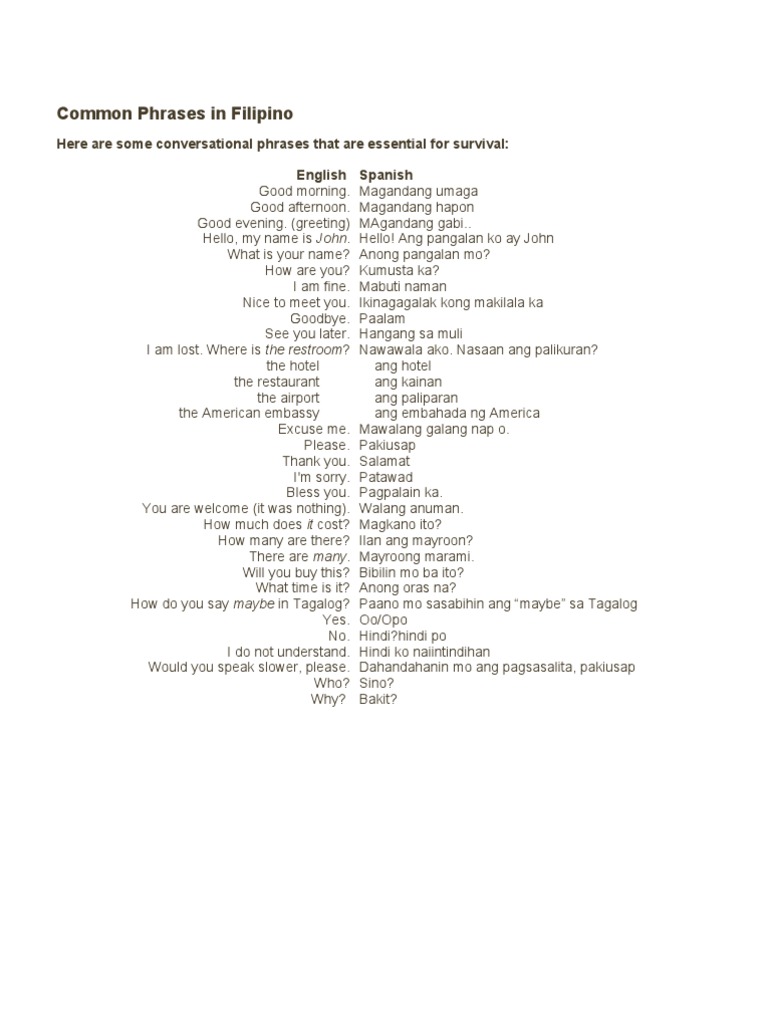 Essential Tagalog Phrases Guide | PDF | Tagalog Language