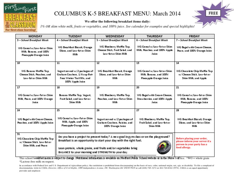 Columbus K-5 March Breakfast Menu | PDF | Cuisine | Foods