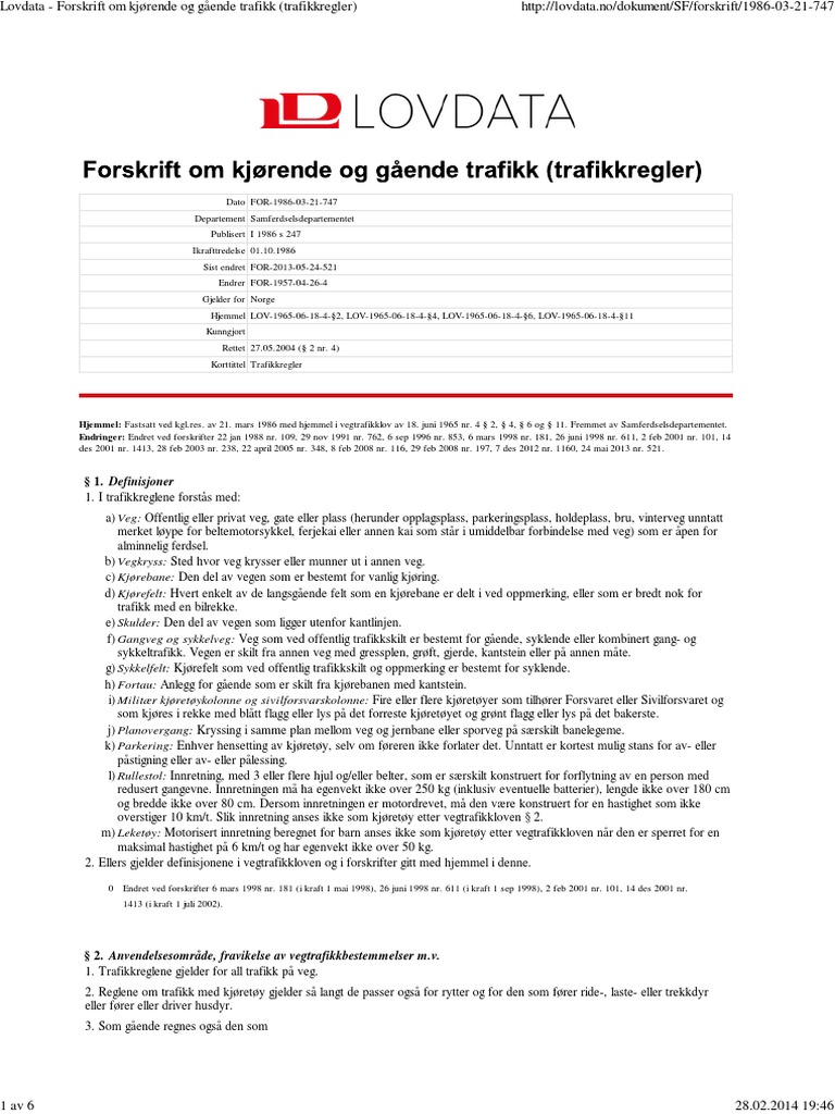 FOR-1986-03-21-747 - Lovdata (NOR) - Forskrift Om Kjørende Og Gående Trafikk (Trafikkregler) | PDF