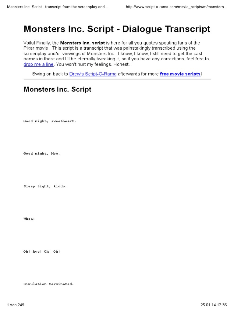 Monsters Inc. Script - Transcript From The Screenplay And:or Pixar ...