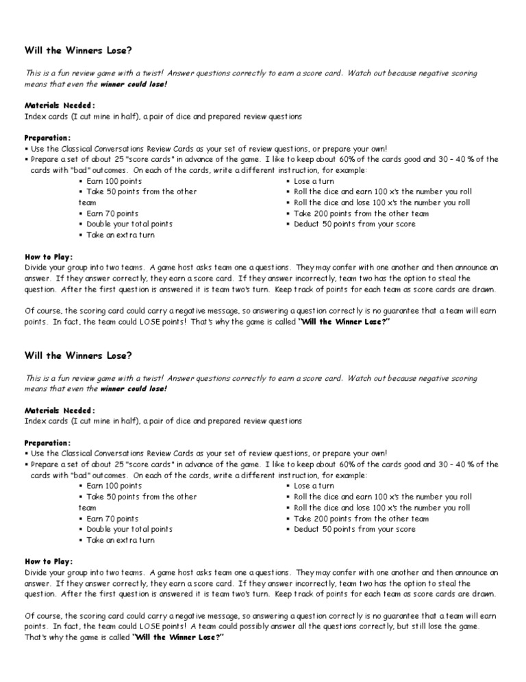 Review Game: "Will The Winners Lose?" | PDF | Dice | Question