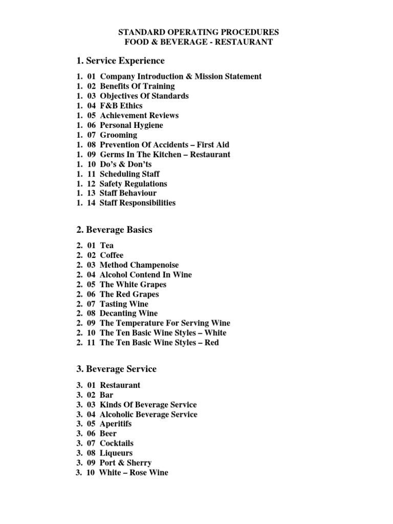 7.08 Restaurant Standard Operation Procedures, 231 P | PDF | Drink | Wine