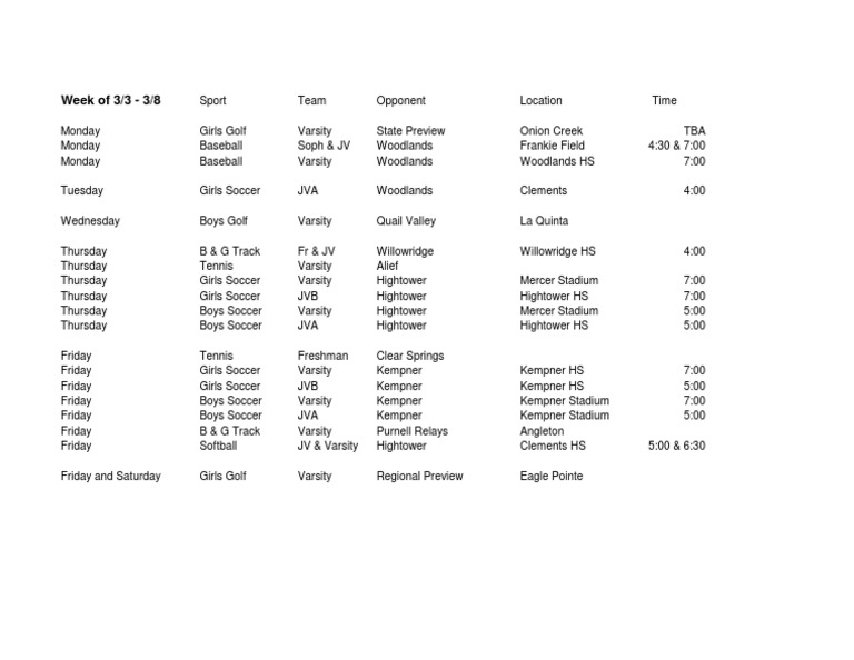 Weekly Sports Schedule: 3/3 - 3/8 | PDF