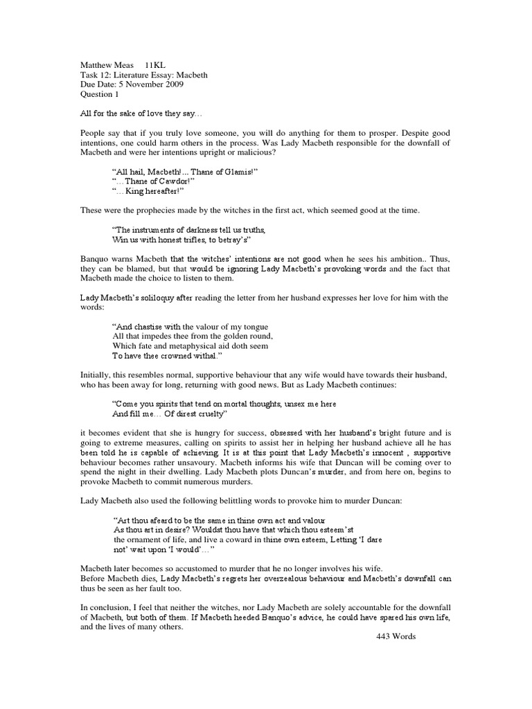 Lady Macbeth's Role in Macbeth's Downfall (39 | PDF | Macbeth ...