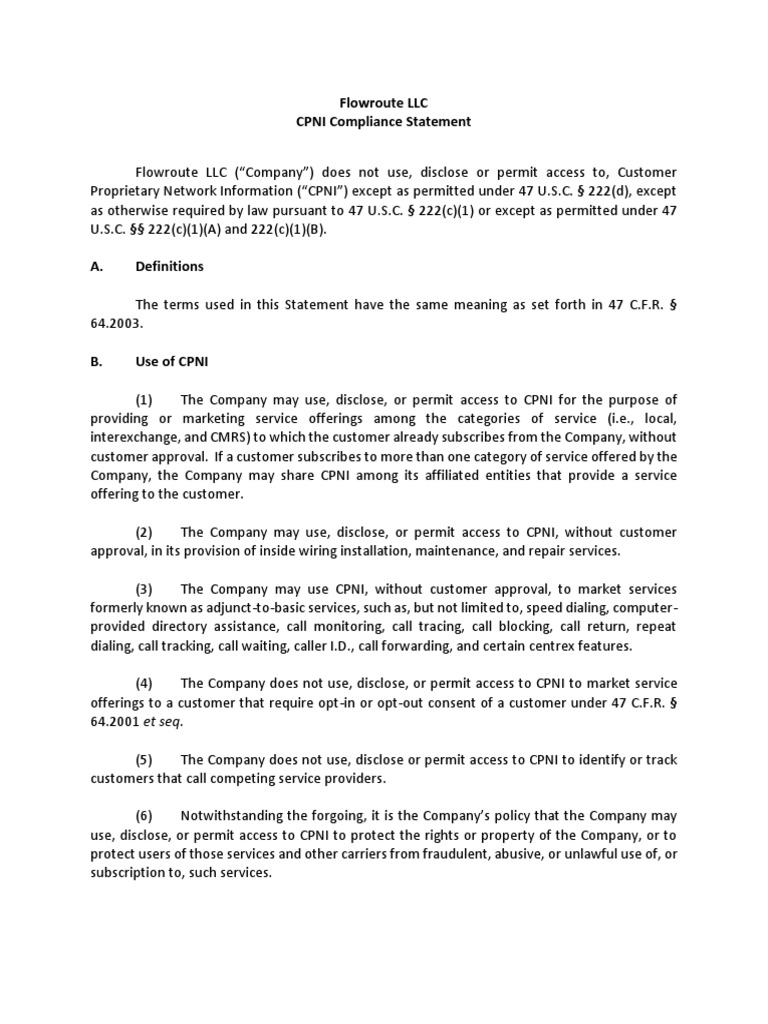 2014-02-28 CPNI Compliance Statement 2013 (Filed) | PDF | Federal ...
