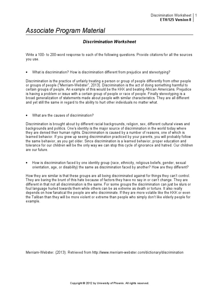 Discrimination Worksheet | Download Free PDF | Discrimination | Hatred