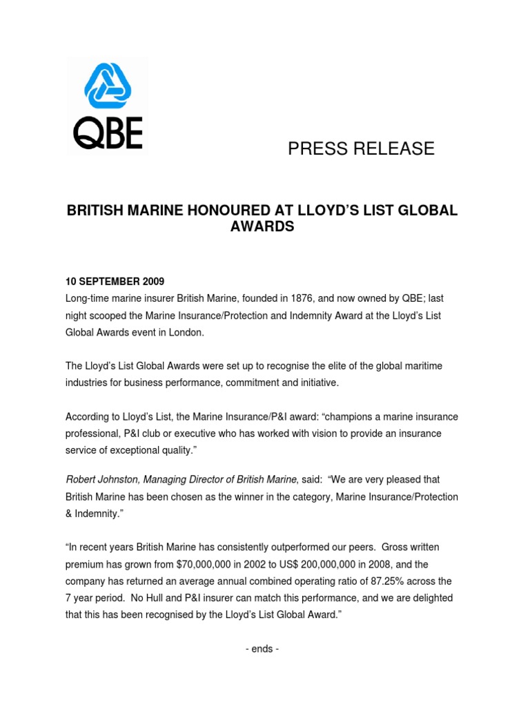10 Sept 09.british Marine Wins Lloyds List Global Award | PDF | Insurance | Underwriting