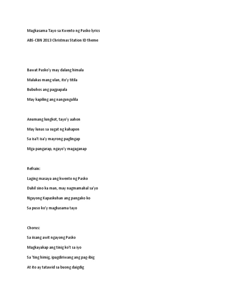 Magkasama Tayo Sa Kwento NG Pasko Lyrics | PDF