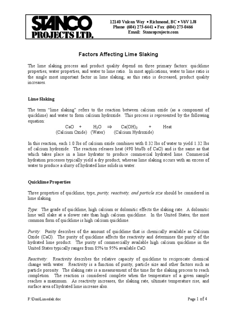 2 Factors Affect. Lime Slaking | PDF | Calcium | Chemical Elements
