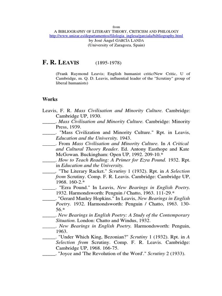 Leavis F R | PDF | English Language Literature | British Literature